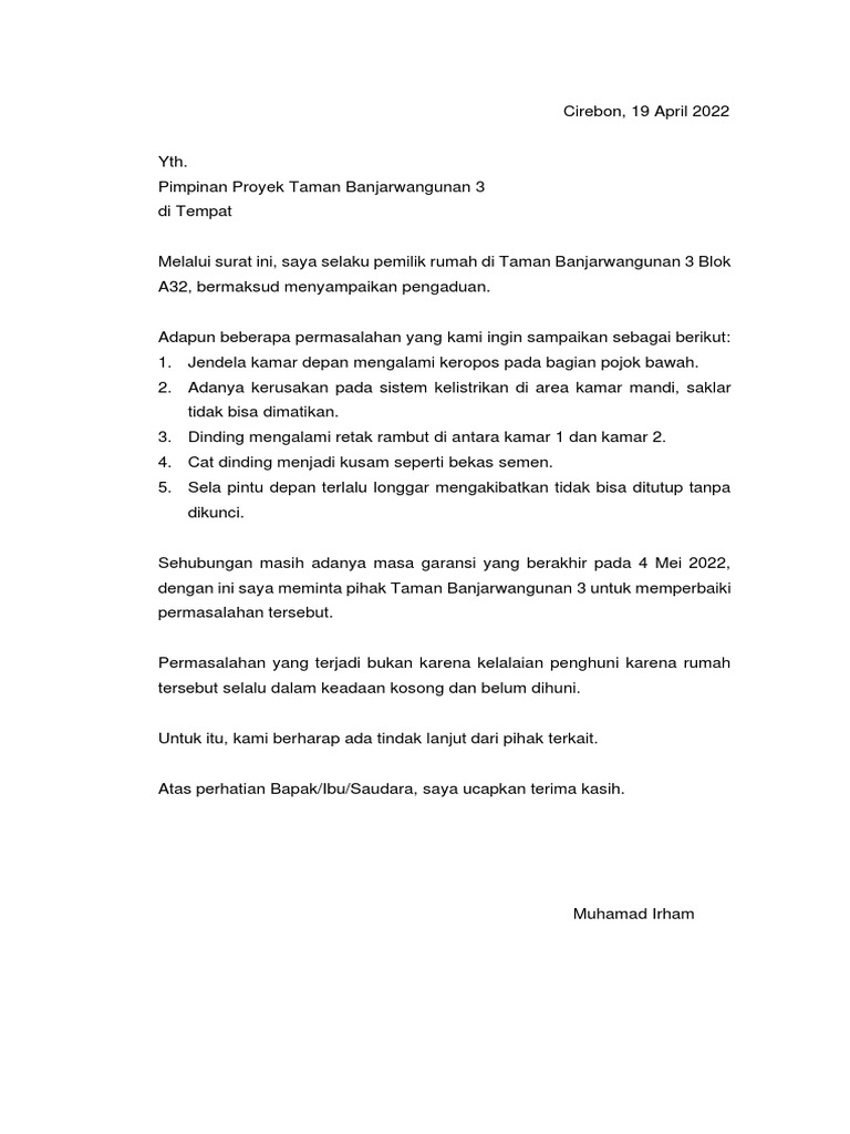 Contoh Surat Komplain | PDF