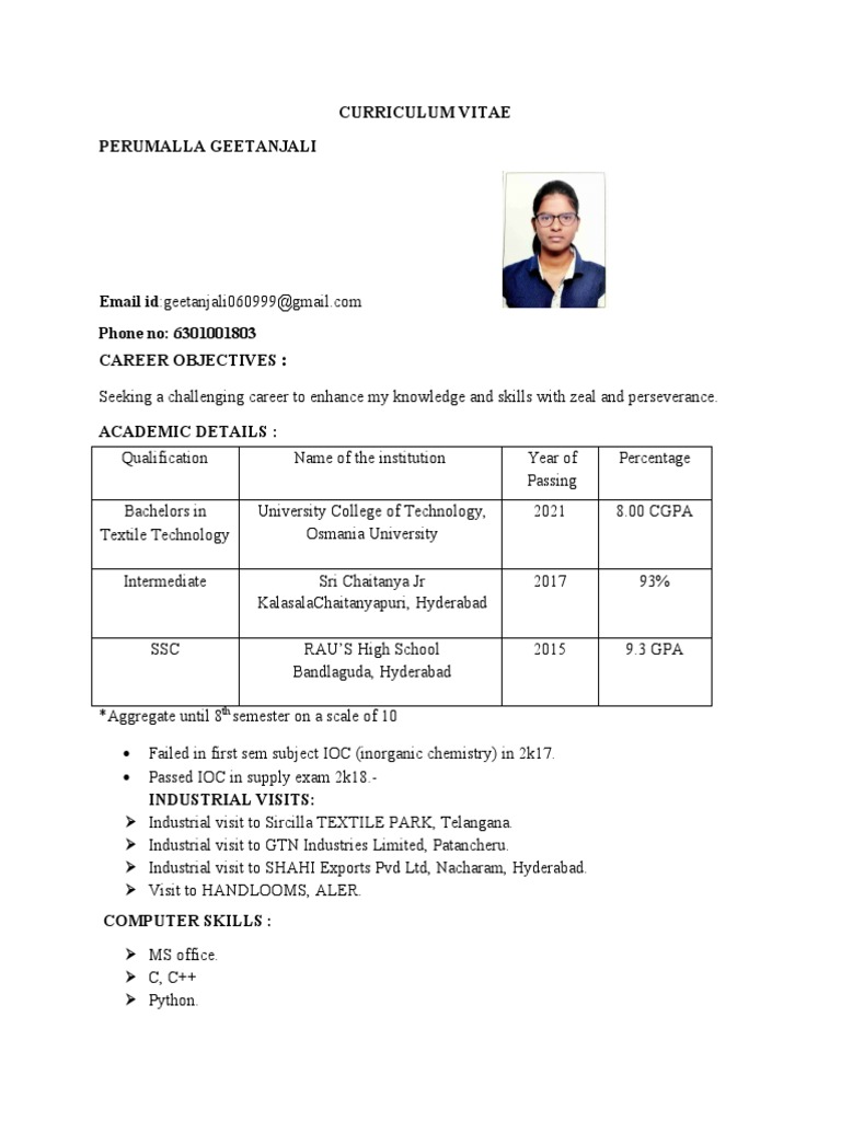 CV Textile Engineer Seeks Opportunities | PDF | Behavior | Clothing ...