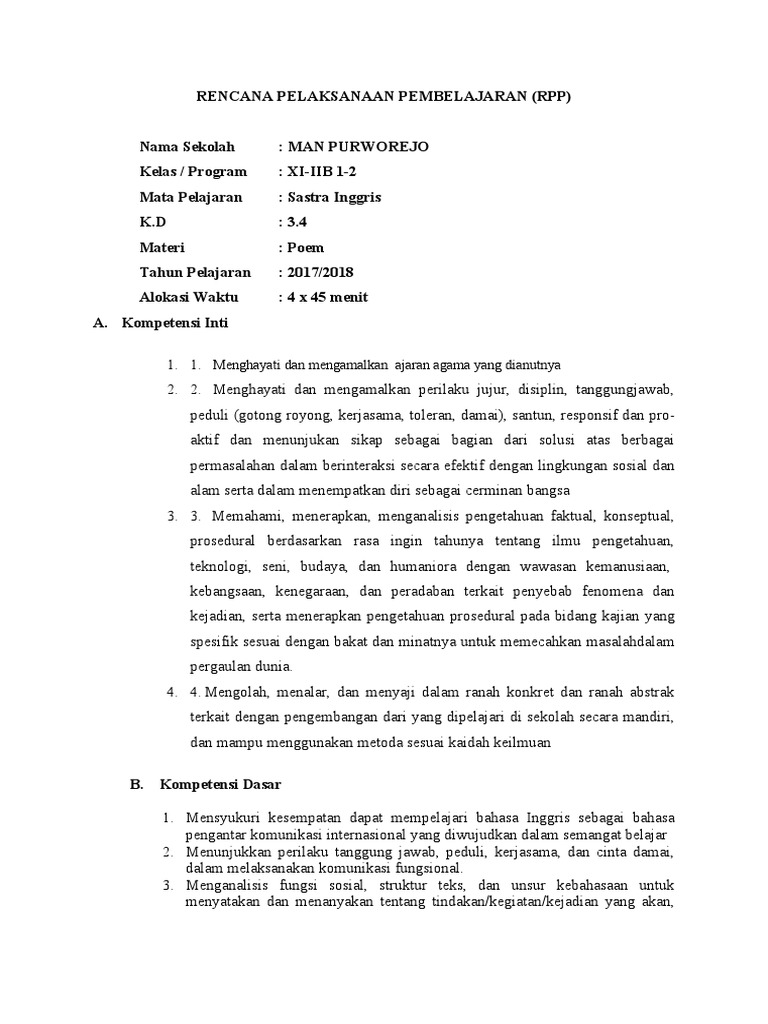 RPP KD 3.4 Poem Part 2 | PDF | Language Arts & Discipline