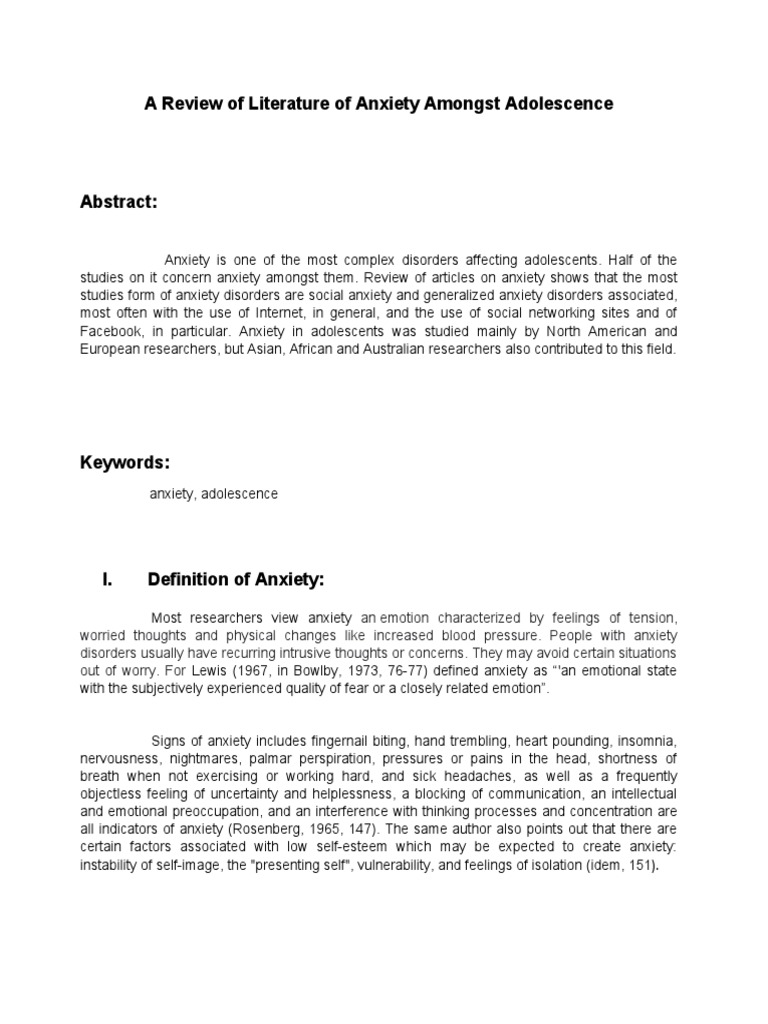 Adolescent Anxiety: A Literature Review | PDF | Anxiety Disorder ...