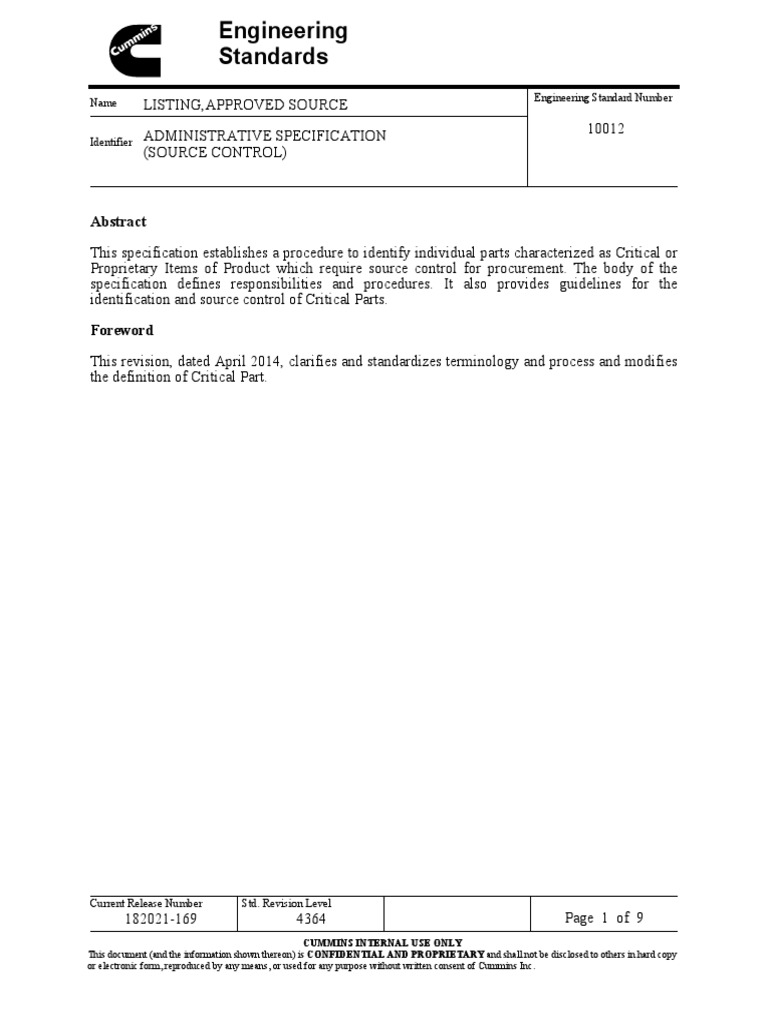 Name Engineering Standard Number: Cummins Internal Use Only | PDF ...