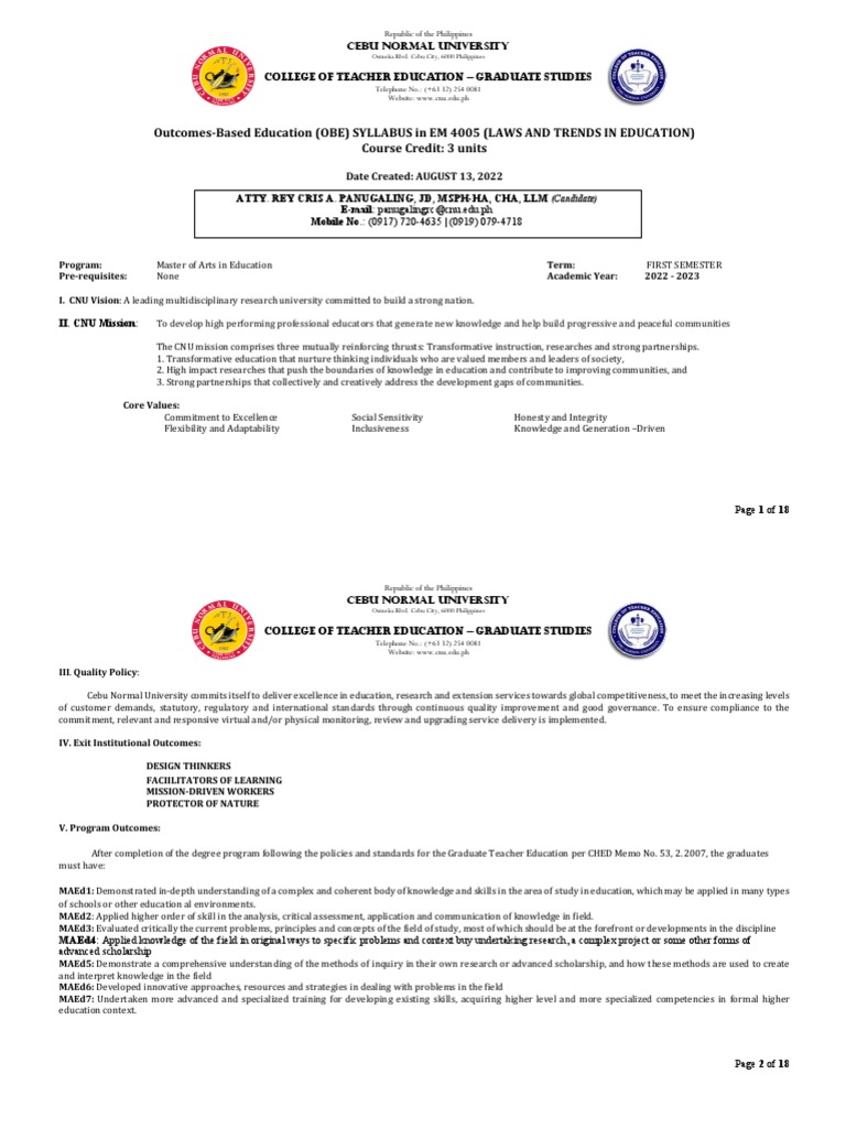 OBE Syllabus: Laws & Trends in Education | PDF | Cost Of Living ...