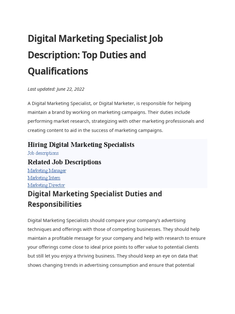 2 Job Description Digital Marketing Specialist | PDF | Cost Of Living ...