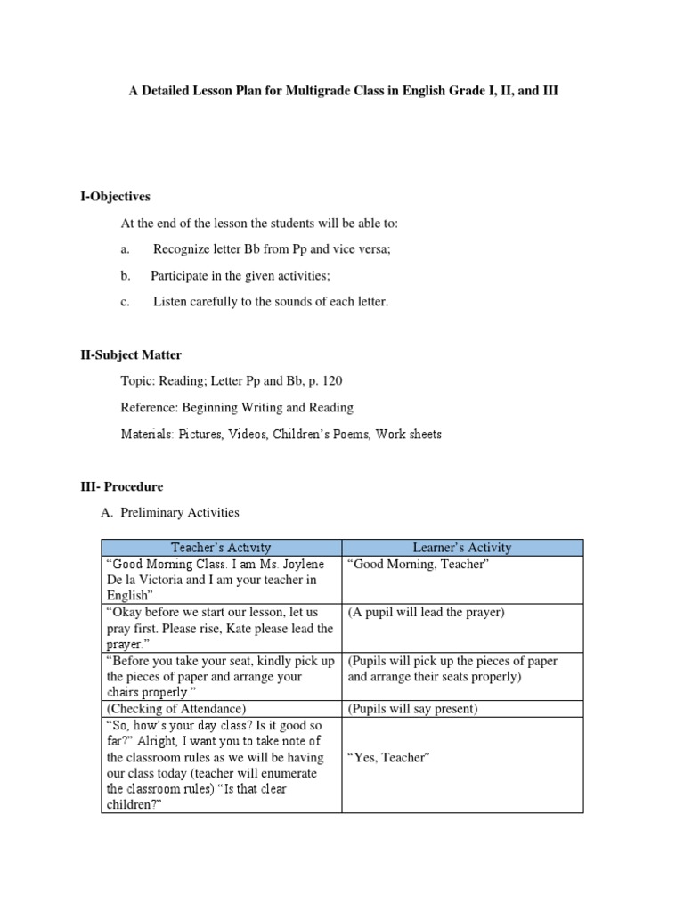 A Detailed Lesson Plan For Multigrade Class in English - Compress | PDF