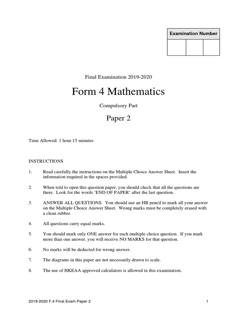 2020-F4 Final-Math-Cp2 | PDF | Multiple Choice | Elementary Geometry