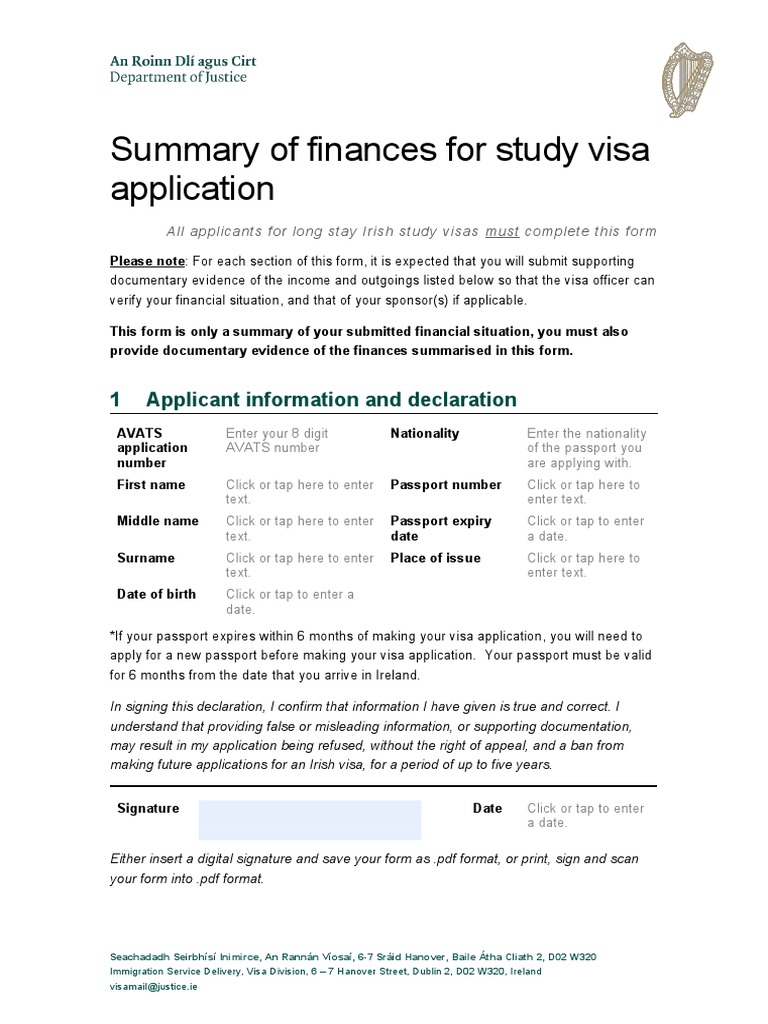 IRL Study Visa Financial Summary 2022 | PDF | Cost Of Living | Travel Visa
