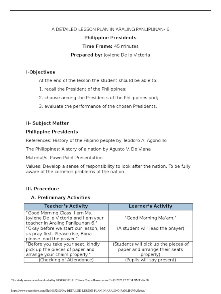 A Detailed Lesson Plan in Araling Panlipunan | PDF | Philippines ...