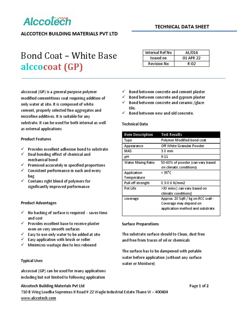 Bond Coat Technical Data Sheet | PDF | Concrete | Plaster