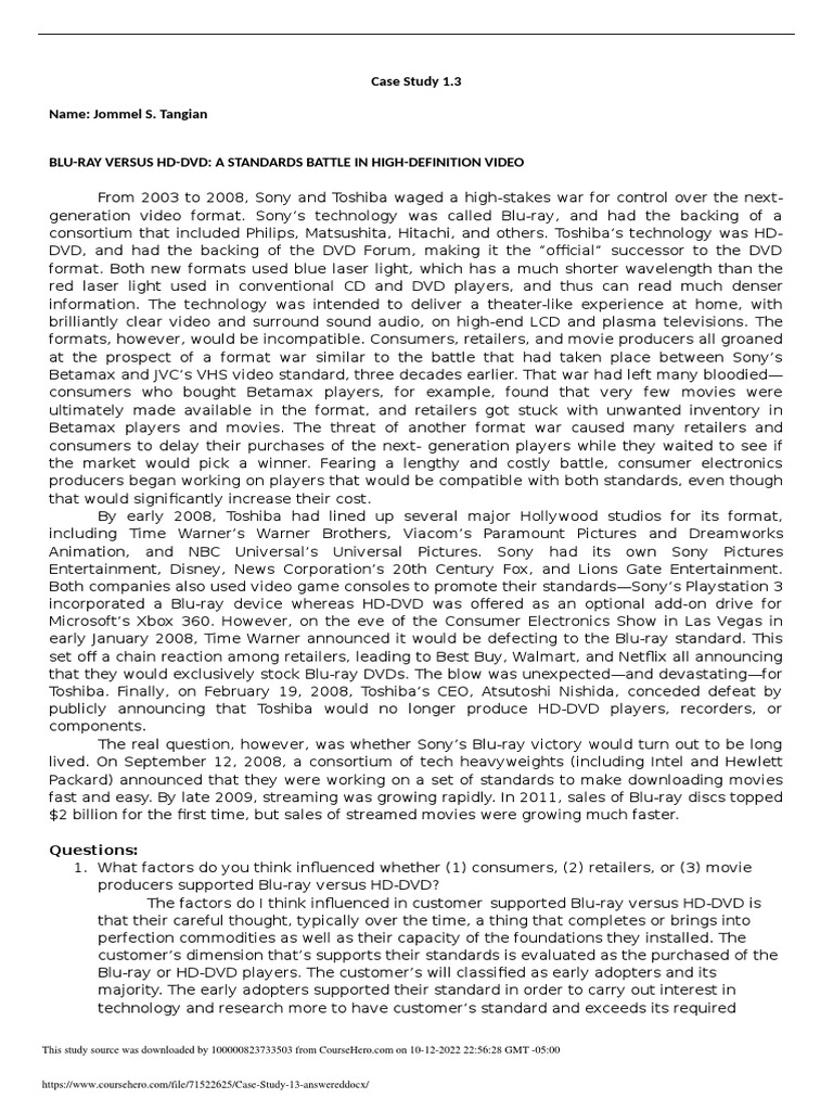 Case Study 1.3 Answered | PDF | Blu Ray | Dvd