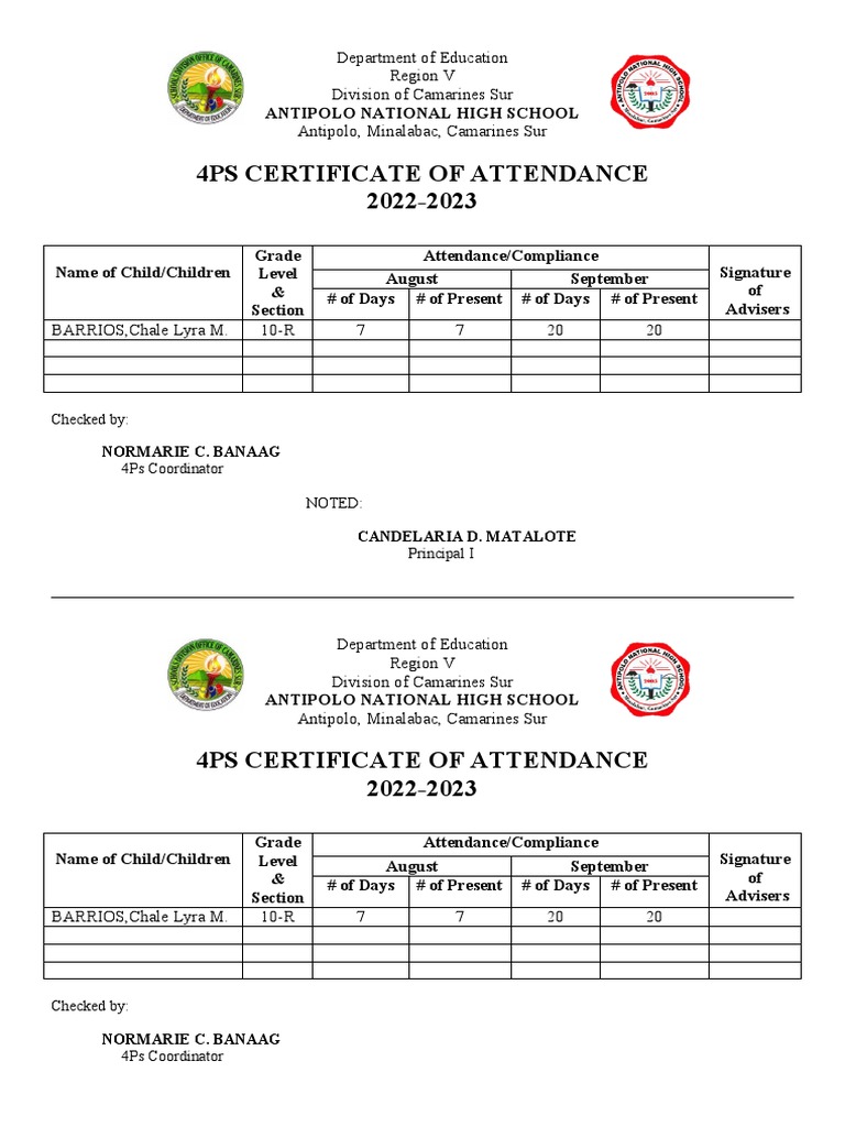 4ps Certificate of Attendance Form | PDF