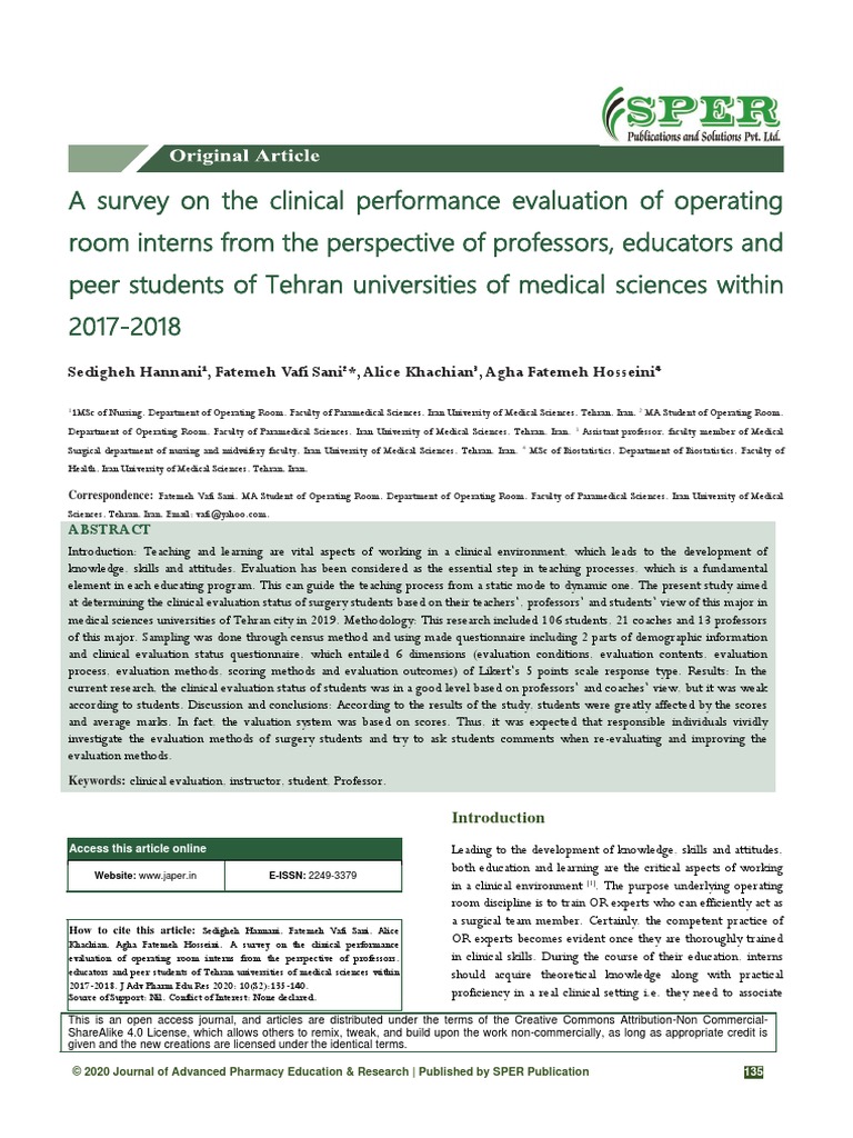 A Survey On The Clinical Performance Evaluation of Operating Room ...