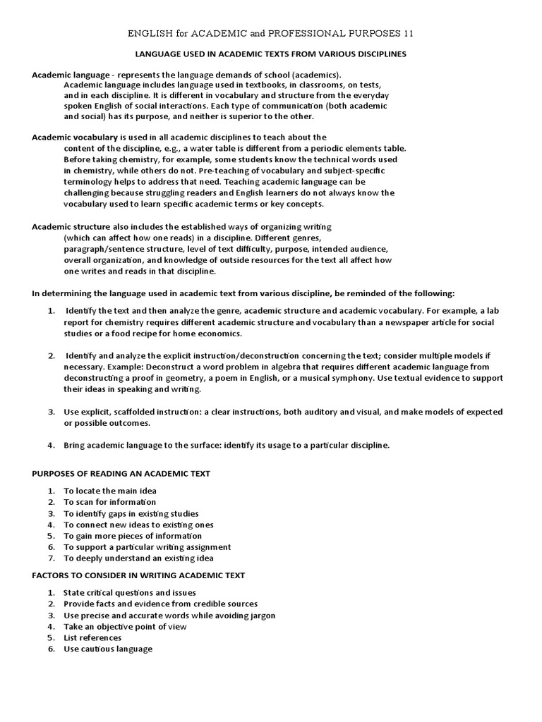 Academic Language in Various Disciplines | PDF | Vocabulary | English ...
