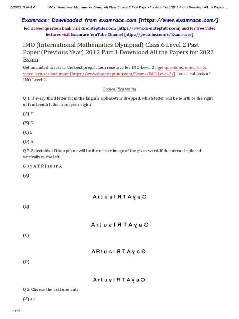 IMO Level 2 Class 6 Paper 2012 Part 1 | PDF | Numbers | Mathematics