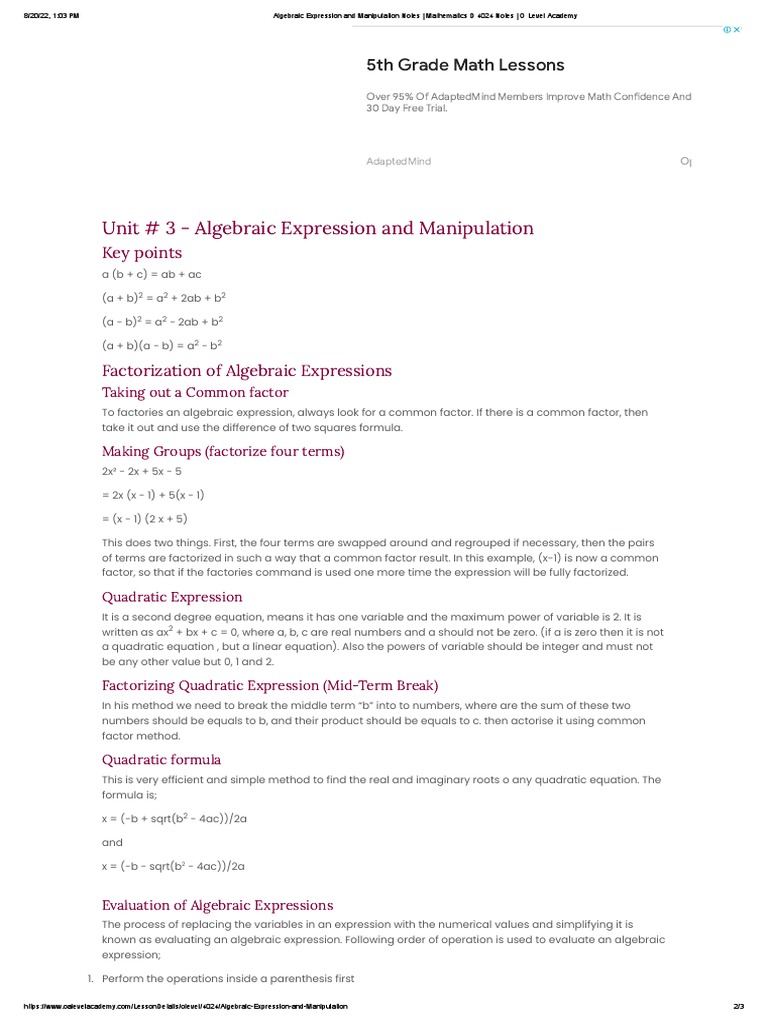 Algebraic Expression and Manipulation Notes - Mathematics D 4024 Notes ...