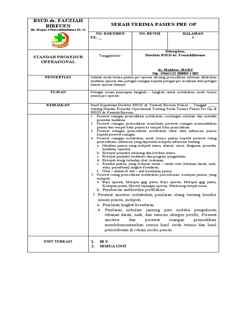 Serah Terimas Pasien Pre Operasi (SOP) | PDF