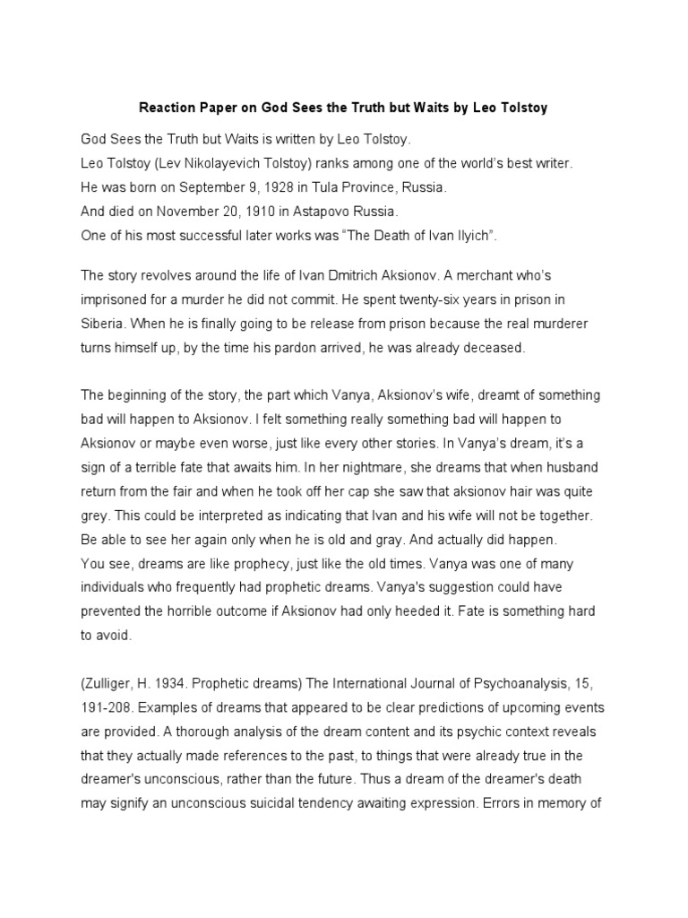 Reaction Paper On God Sees The Truth But Waits by Leo Tolstoy | PDF ...