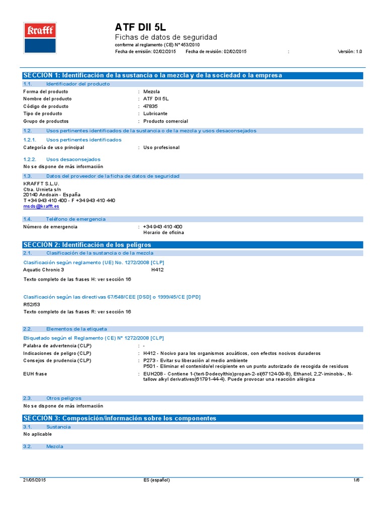 MSDS Es Atf-Dii-5l | PDF | Hidrocarburos | Agua
