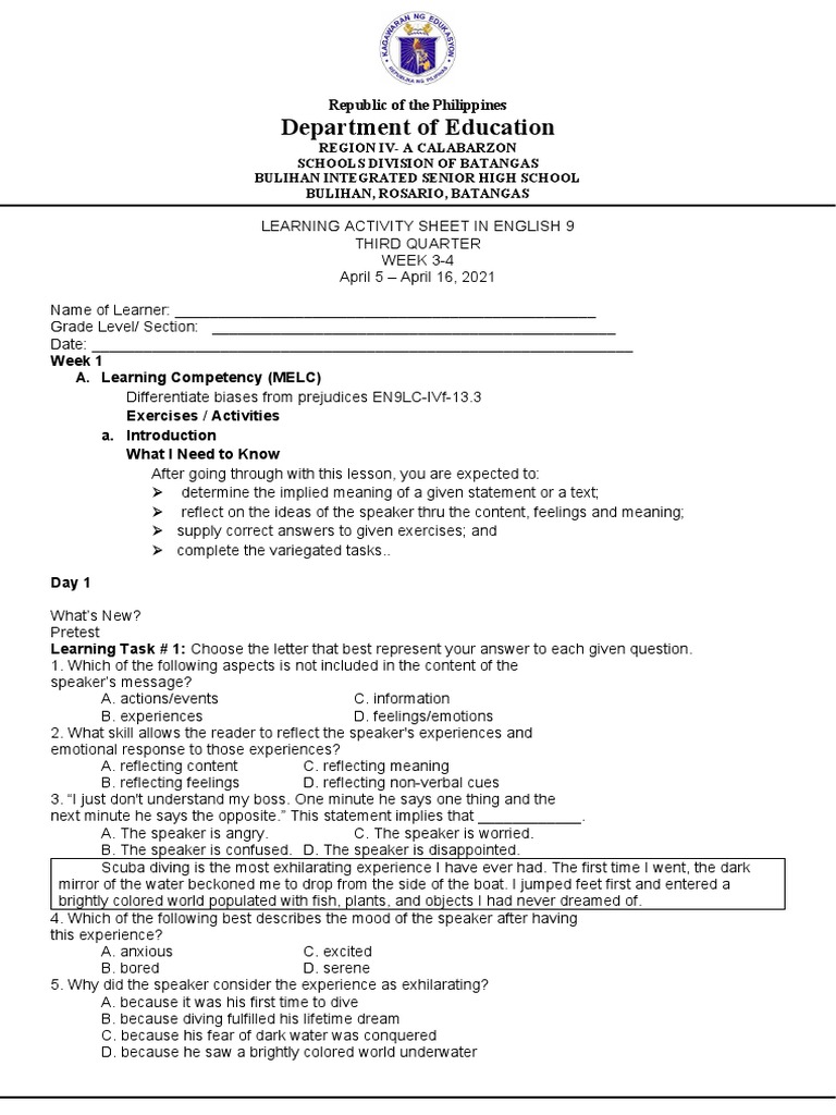 Las English 3rd Quqrter Week 3-4 | PDF | Argument | Evidence