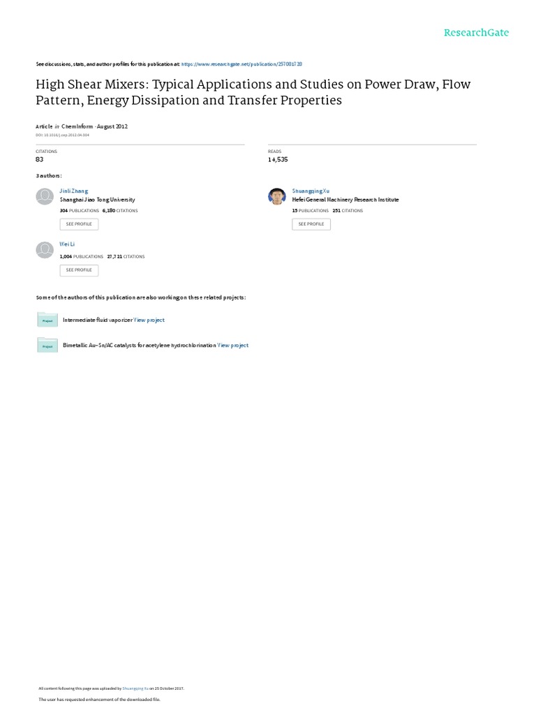 High Shear Mixers AReviewof Typical Applicationsand Studieson Power Draw Flow Pattern Energy ...