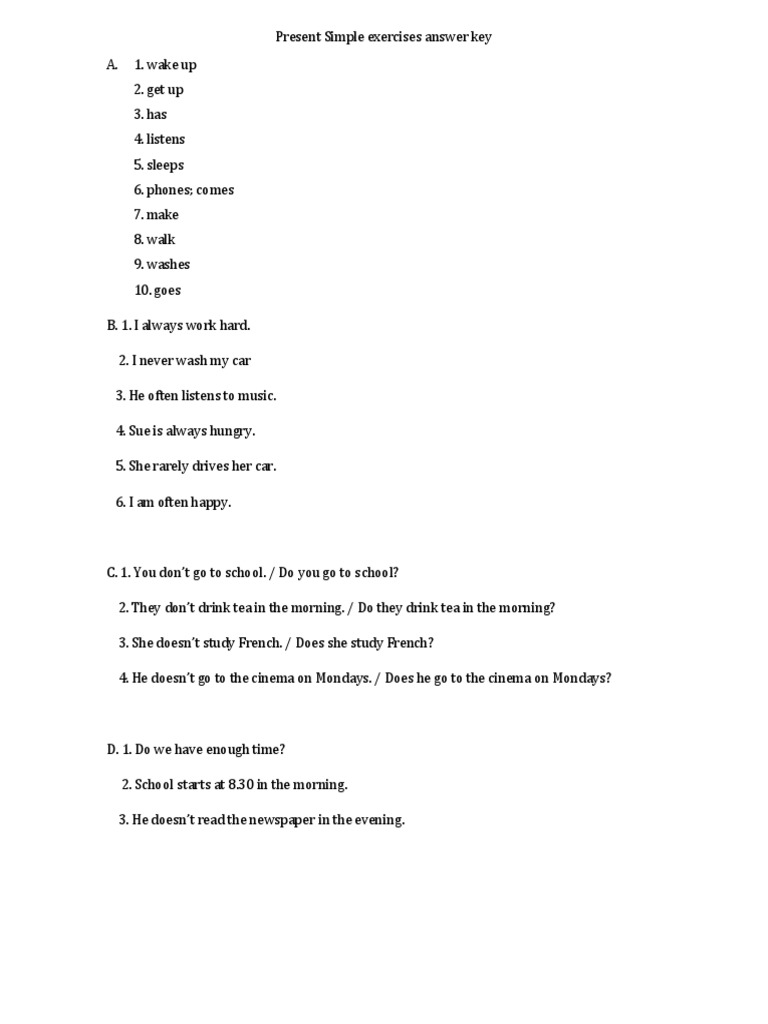 Present Simple Exercises Answer Key | PDF