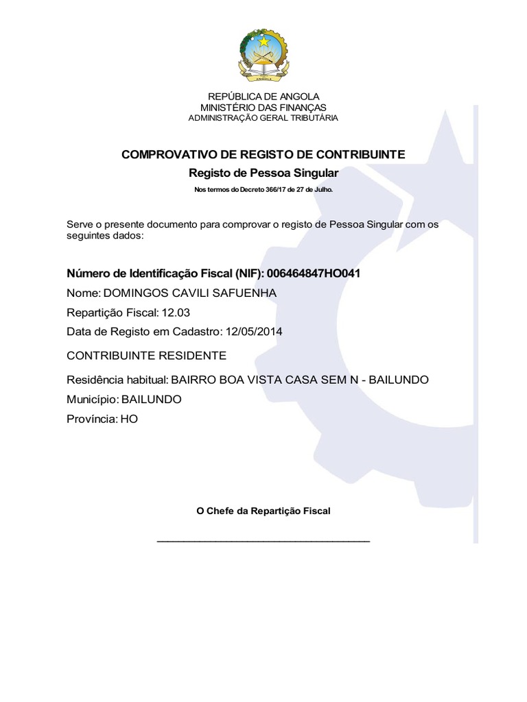 Comprovativo de Registo de Contribuinte Registo de Pessoa Singular ...