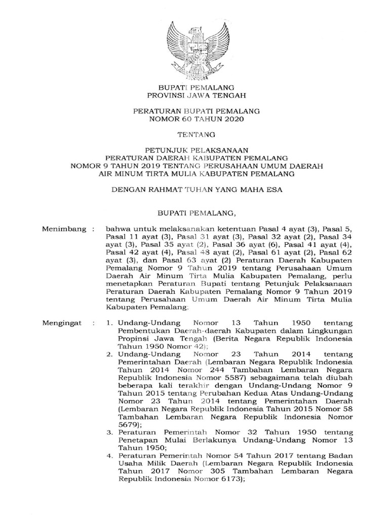 Perbup No 60 Tahun 2020 TTG Juklak Perda PDAM Tirta Mulia - Compressed | PDF