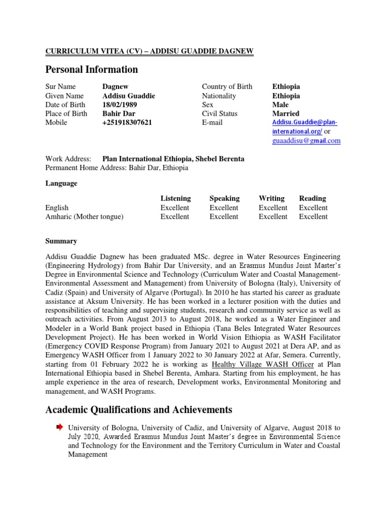 Addisu Guaddie Dagnew CV Overview | PDF | Hydrology | Nile