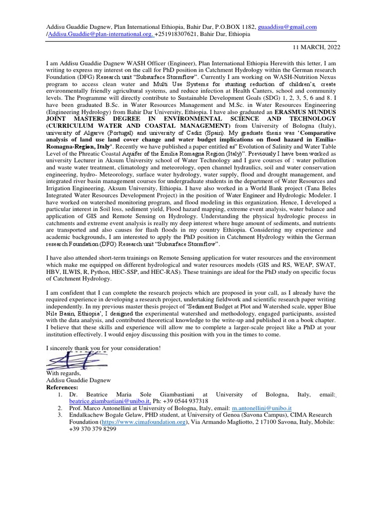 Addisu Guaddie Dagnew - Application Letter | PDF | Hydrology | Drainage ...
