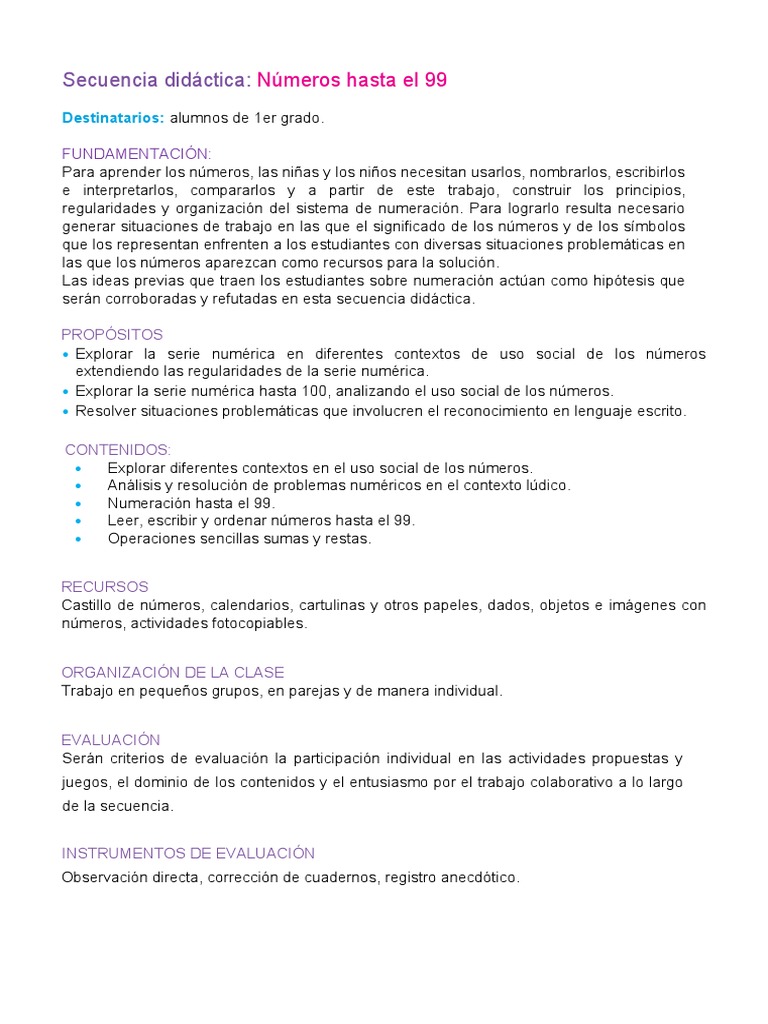 Secuencia Didáctica: Números hasta 99 | PDF | Evaluación | Dinero