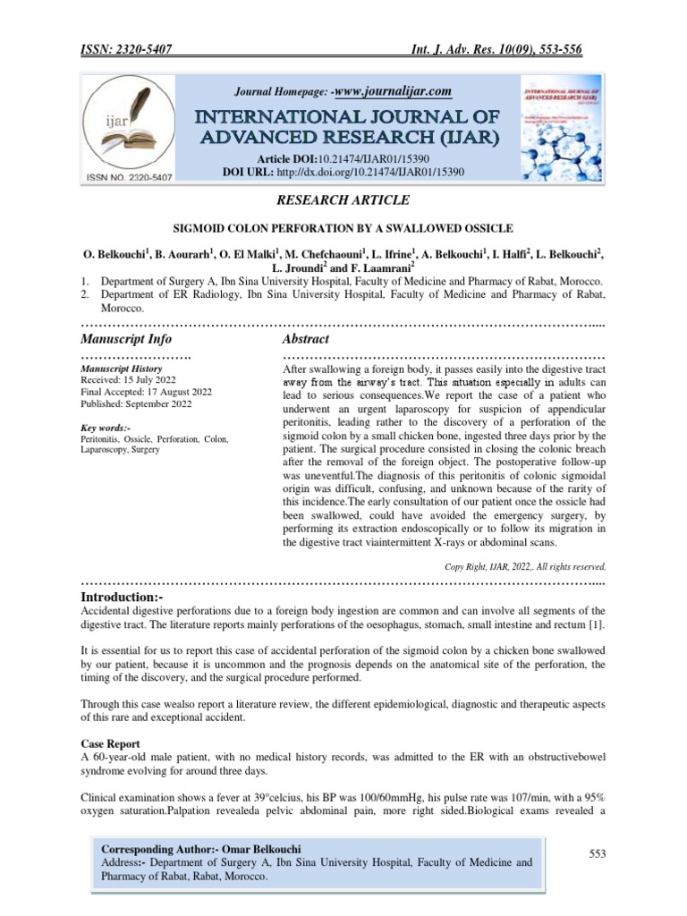 Sigmoid Colon Perforation By A Swallowed Ossicle Pdf Peritoneum Large Intestine