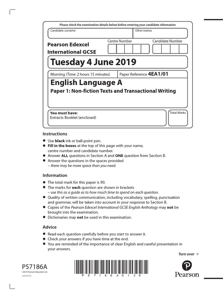 4ea1 June 2019 Paper 1 QP Edexcel Igcse English Language A | PDF ...