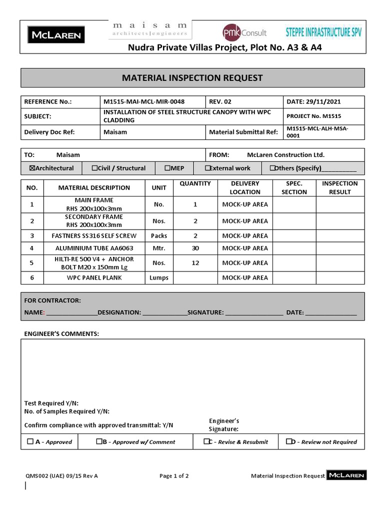 M1515-MAI-MCL-MIR-0048 (Material Inspection Request) | PDF | Building ...