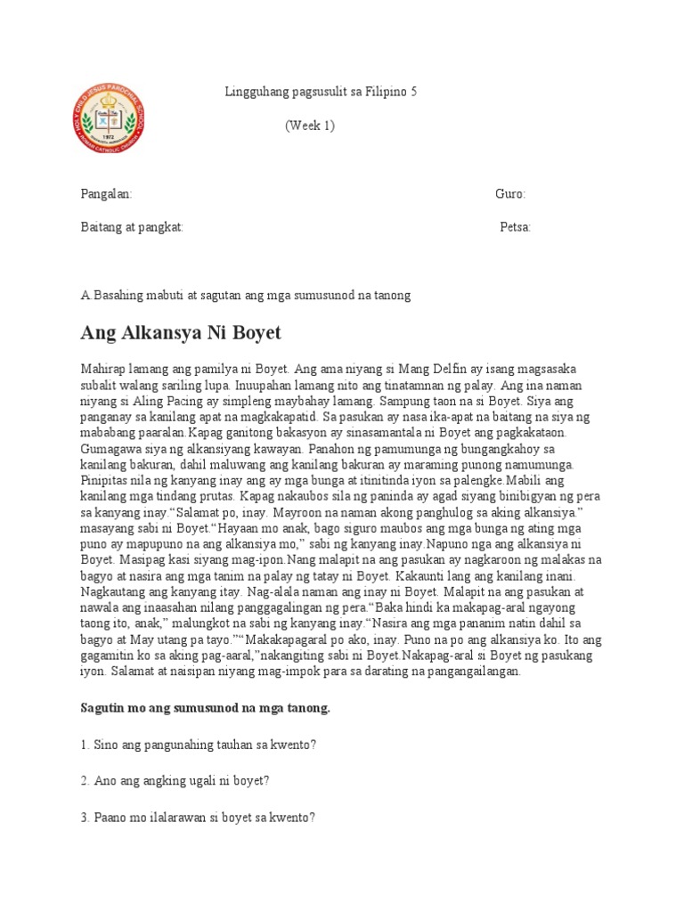 Assessment in Fil. 5 | PDF