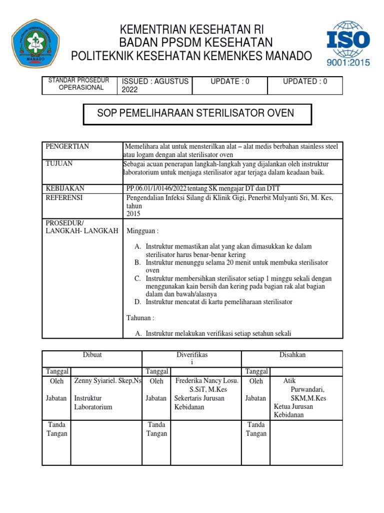 SOP Pemeliharaan Sterilisator Oven | PDF