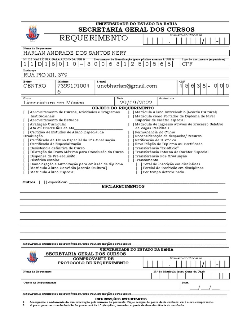 Requerimento Escolar Harlan Nery | PDF | Pós-graduação