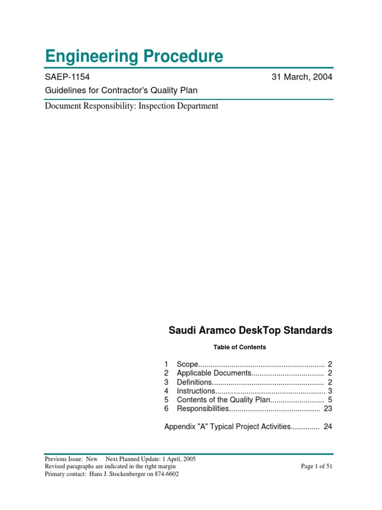 SAEP-1154 - Guideline For Contractor's Quality Plan | PDF | Quality ...