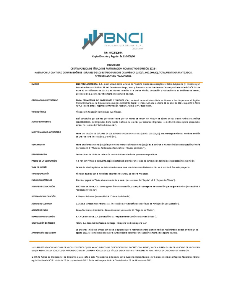 Prospecto Titulos de Participacion Nominativos BNCI Titularizadora | PDF | Bancos | Interés