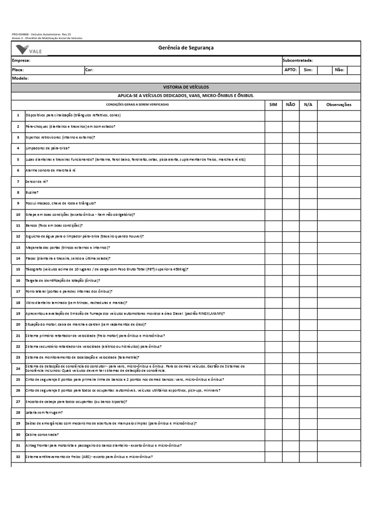 PRO-004868 - 15 - Checklist de Mobilização Inicial de Veículos | PDF
