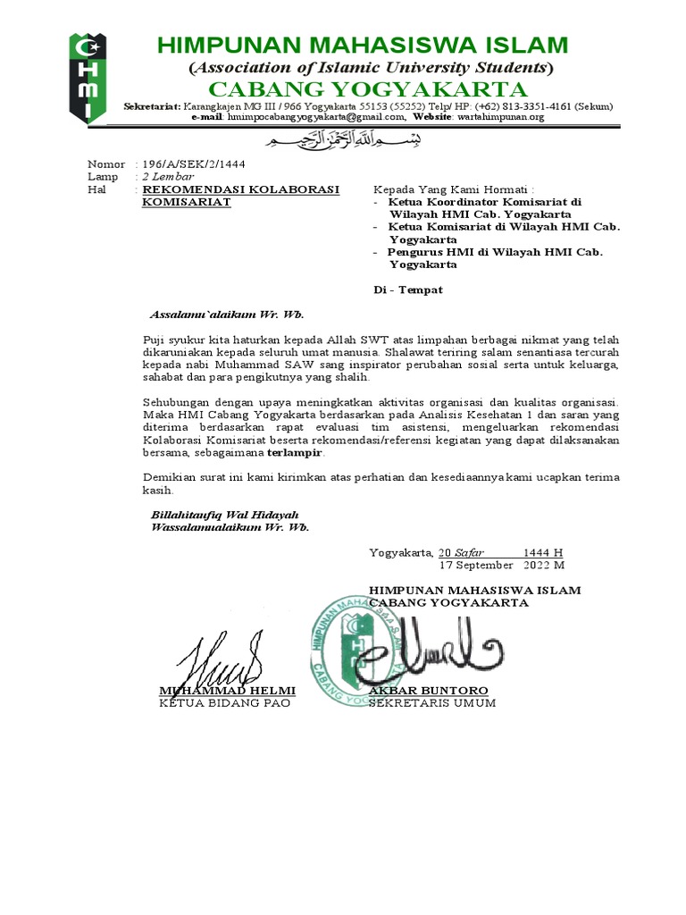 Surat Rekomendasi Kolaborasi Komisariat | PDF