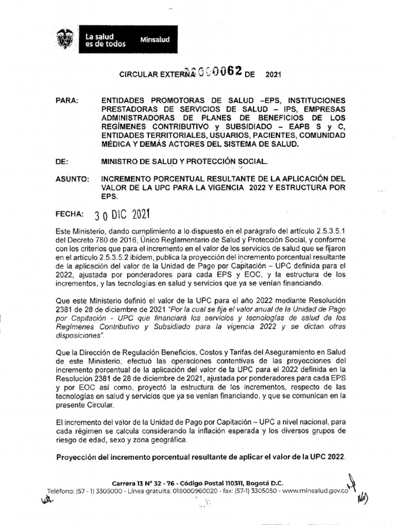 Circular Externa 062 de 2021 | PDF | Ciencias de la Salud | Cuidado de la salud