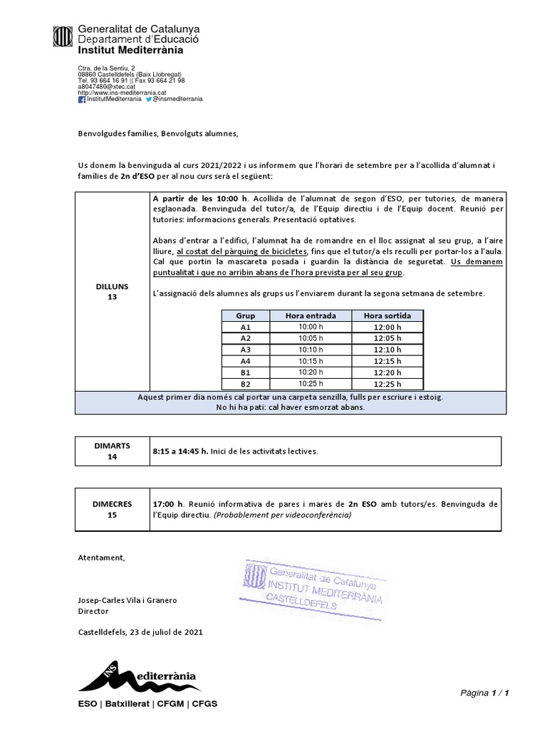 Carta Famílies 2n ESO Setembre 2021 | PDF