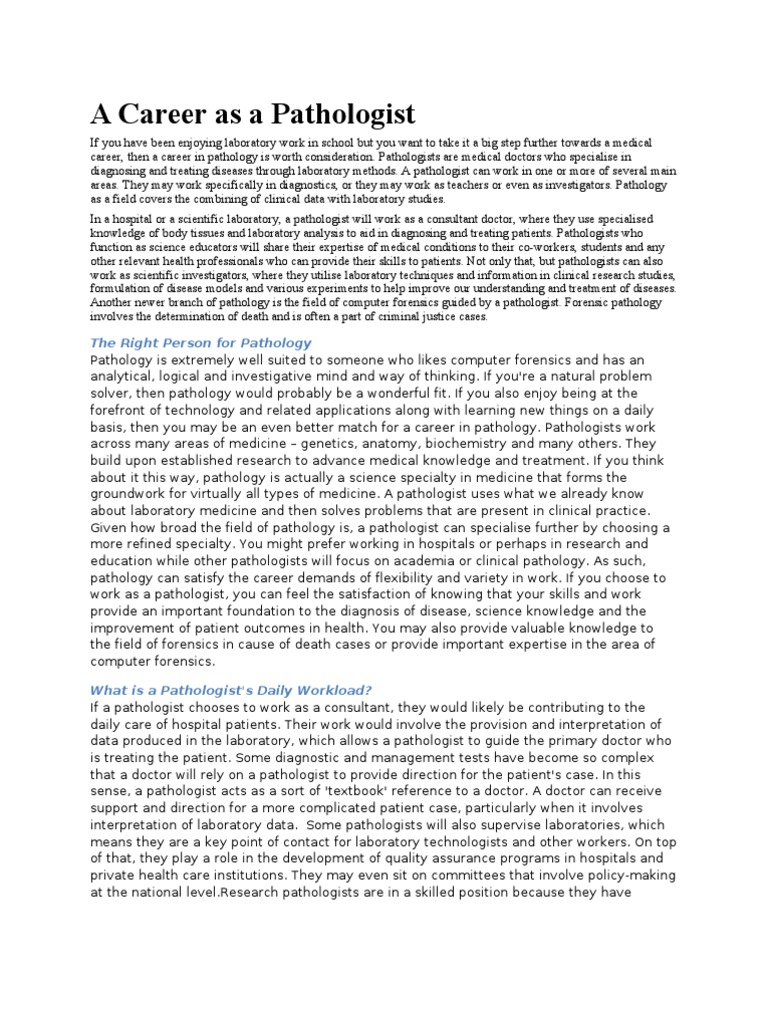 A Career As A Pathologist Pdf Pathology Medical Diagnosis