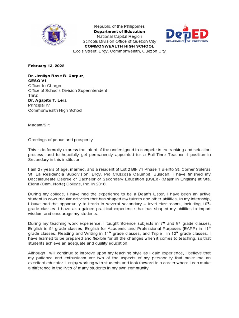 Letter of Intent Sample | PDF | Teachers | Educational Stages