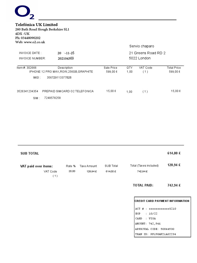 O2 - Telefónica UK Limited PDF | PDF | Value Added Tax | Payments