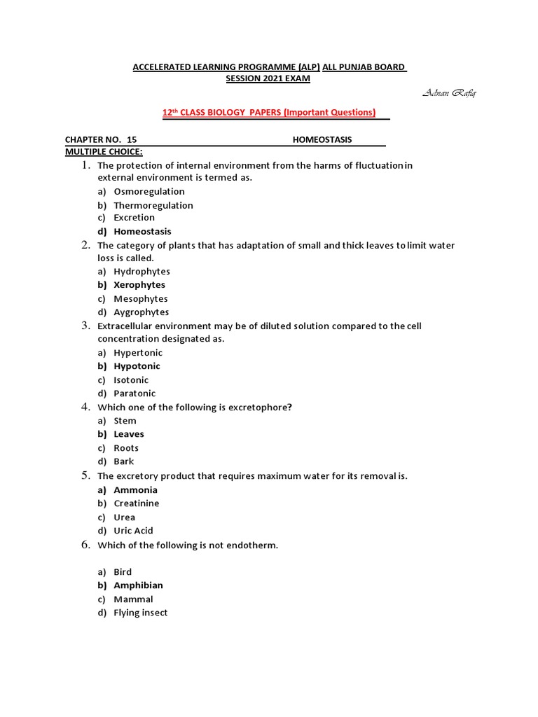 Important Biology Questions on Homeostasis, Support and Movement ...
