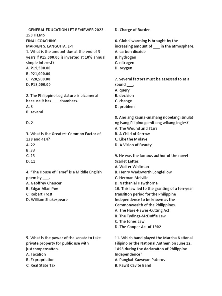 General Education LET Reviewer 2022 | PDF | Travel | Young Adult