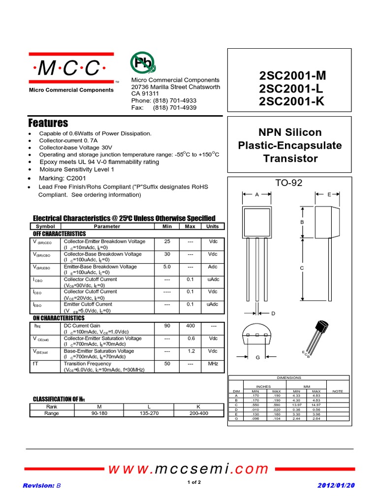 Mccsemi: 2SC2001-M 2SC2001-L 2SC2001-K | PDF