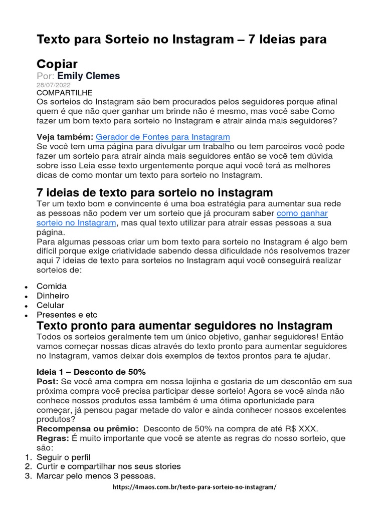 Texto para Sorteio No Instagram 7 | PDF | Dinheiro