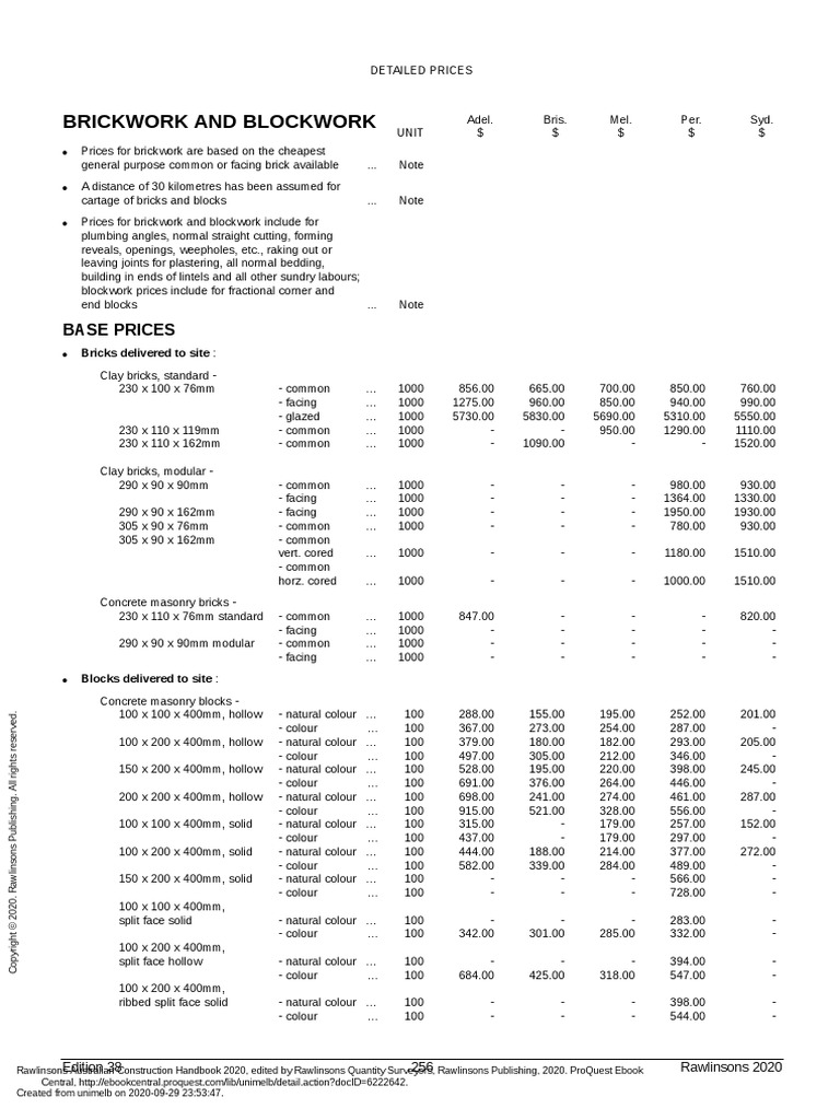 Rawlinsons Australian Construction Handbook 2020 - (Brickwork and ...