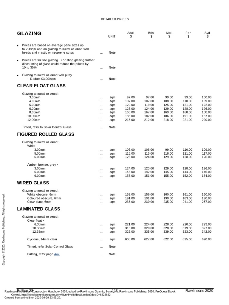 Rawlinsons Australian Construction Handbook 2020 - (Glazing) | PDF | Glass Art | Crafts